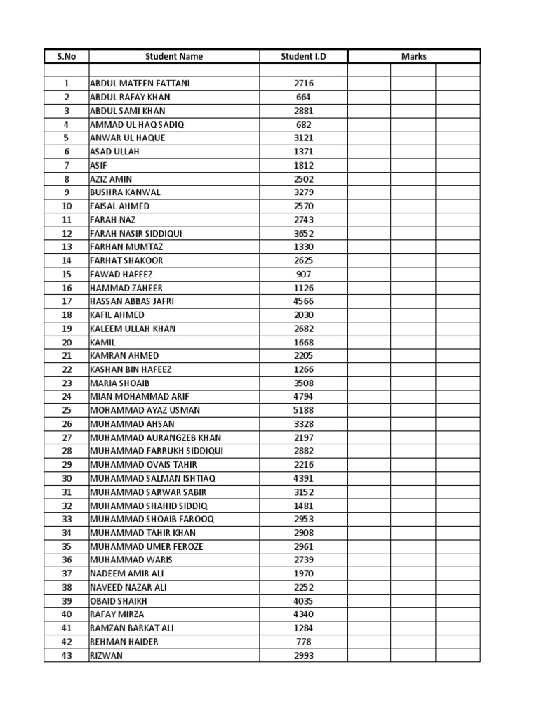 Student Name List with IDs and Marks | PDF