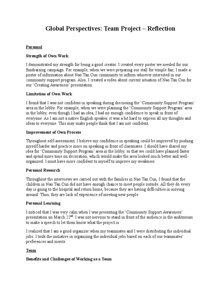 Reflection on Global Perspectives Project | PDF | Career & Growth ...