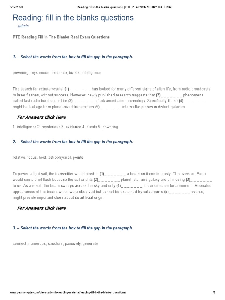 Reading - Fill in The Blanks Questions - PTE PEARSON STUDY MATERIAL | PDF