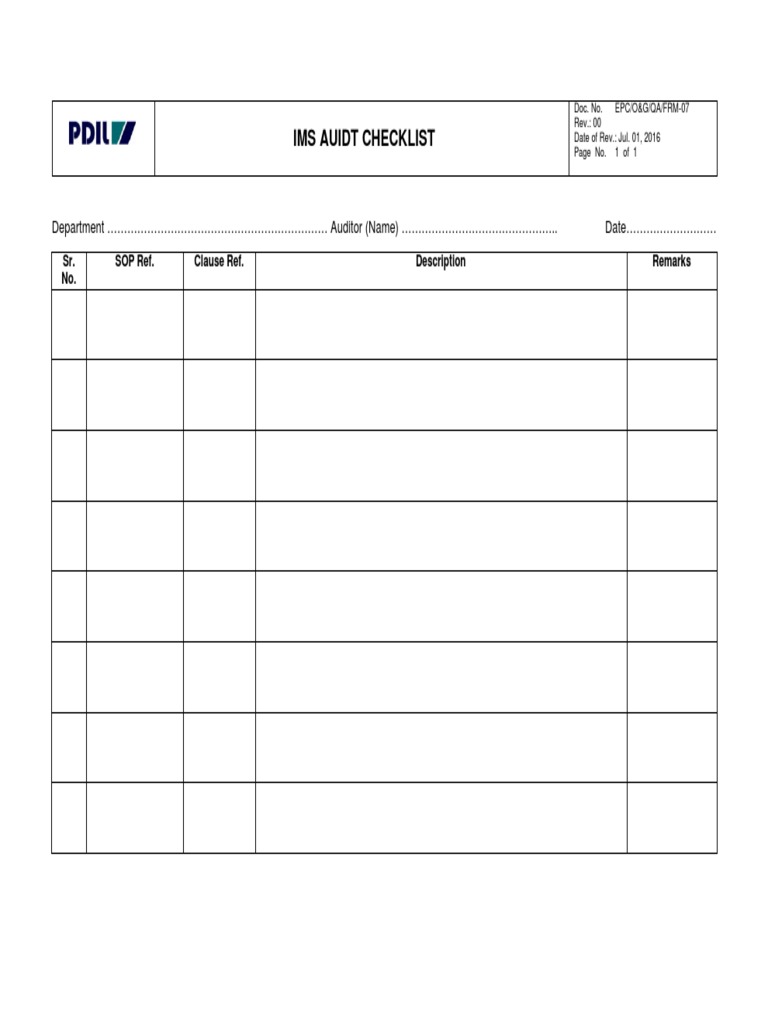 EPC-O&G-QA-FRM-07 - Rev. 0 - (IMS Audit Checklist) PDF | PDF