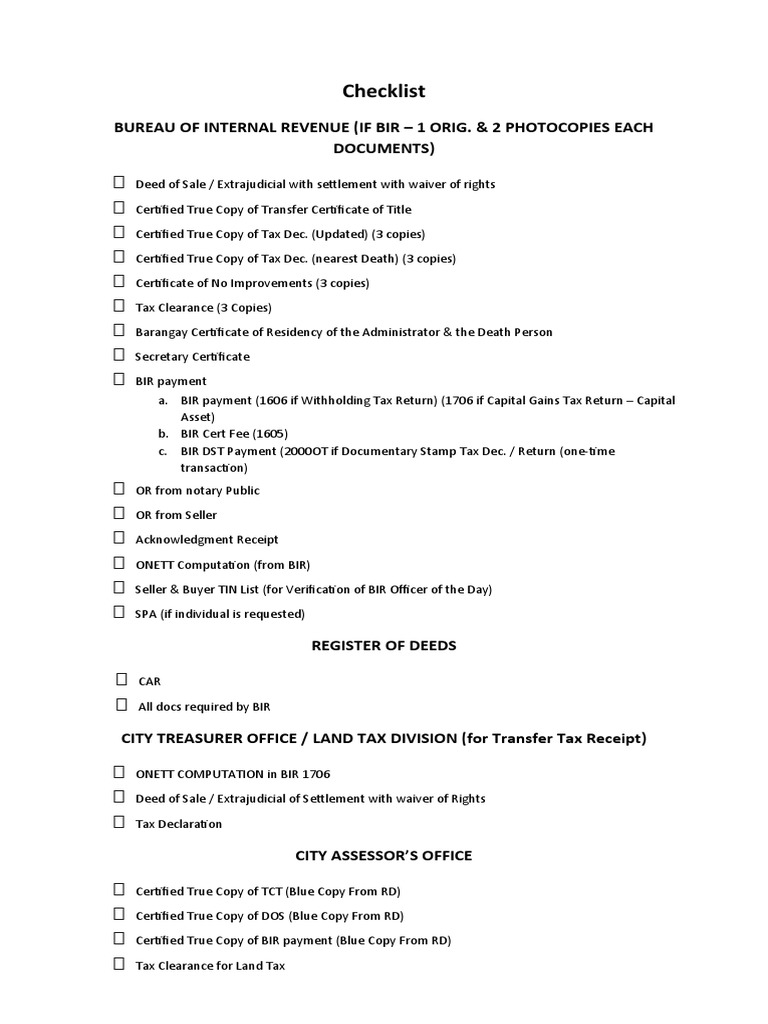 Checklist: Bureau of Internal Revenue (If Bir - 1 Orig. & 2 Photocopies ...