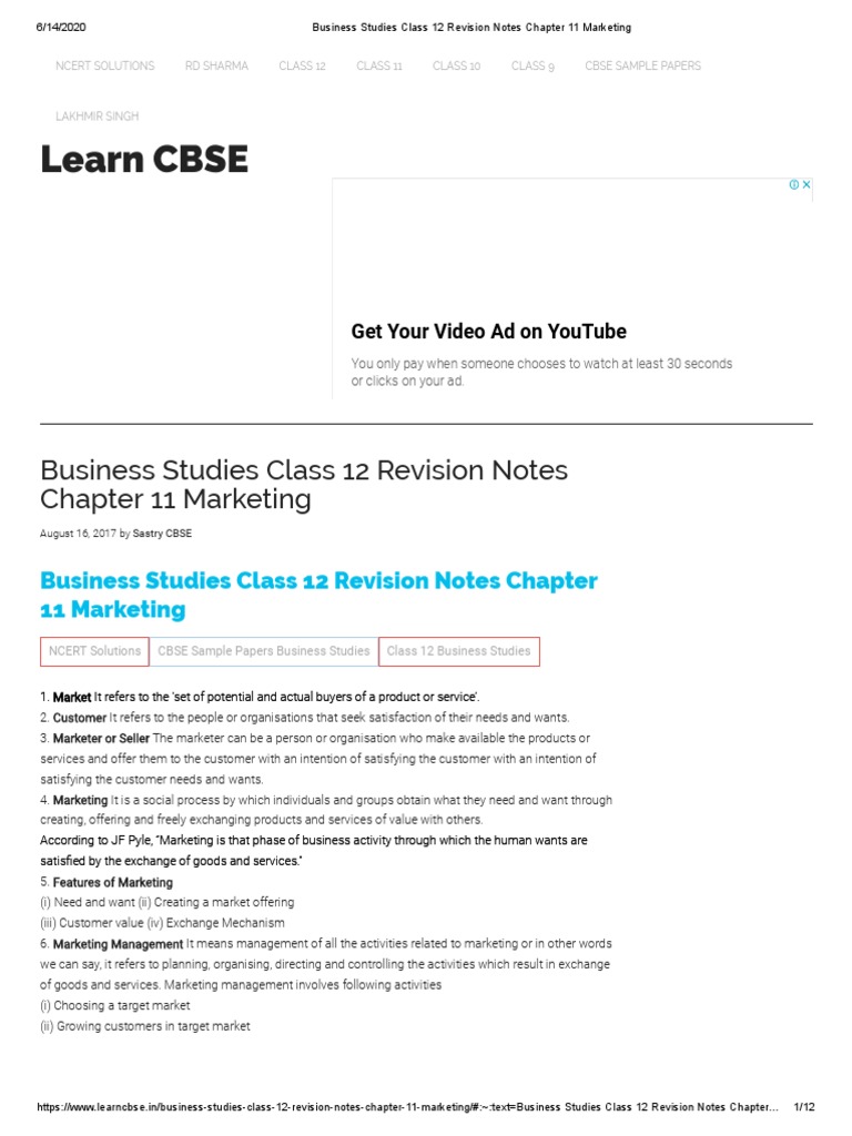 Business Studies Class 12 Revision Notes Chapter 11 Marketing PDF | PDF ...