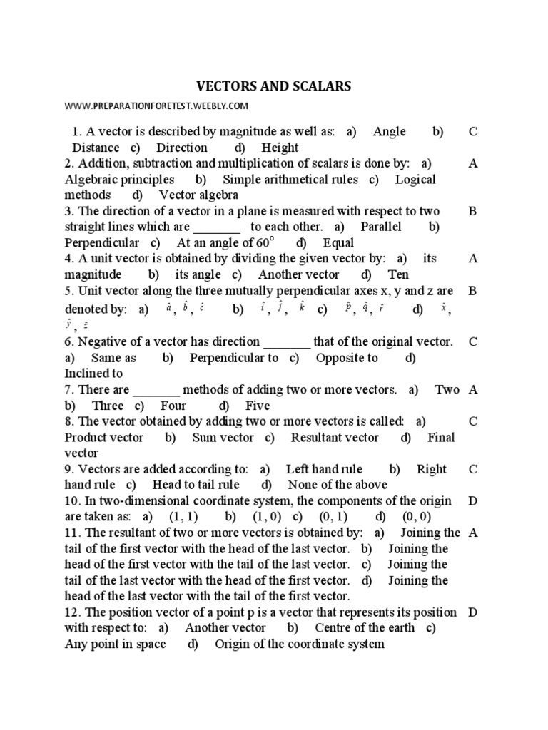 Physics Vectors & Scalars Quiz | PDF