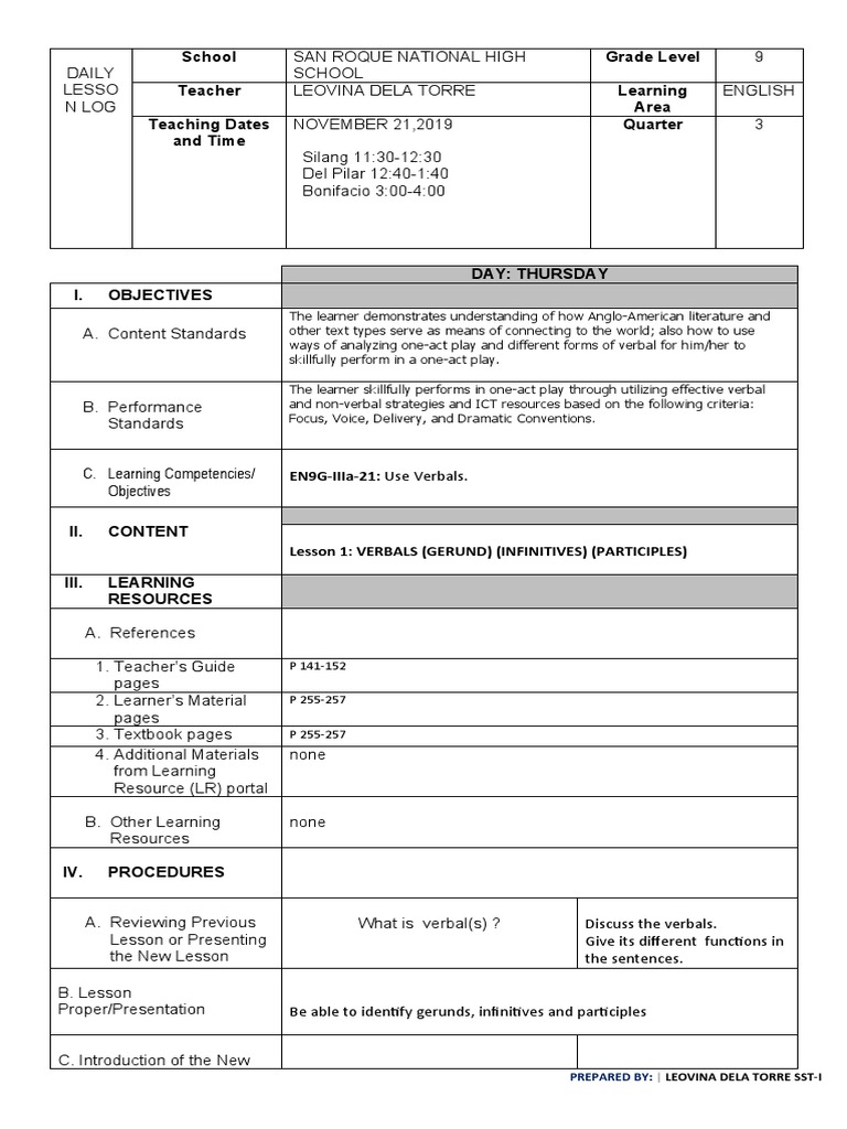 Grade 9 English Lesson on Verbals | PDF