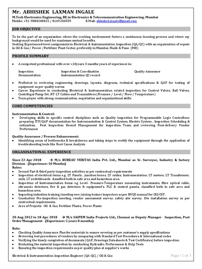 ABHISHEK - INGALE - RESUME - E&I - Inspection Engineer - 10 Years Exp. PDF | PDF