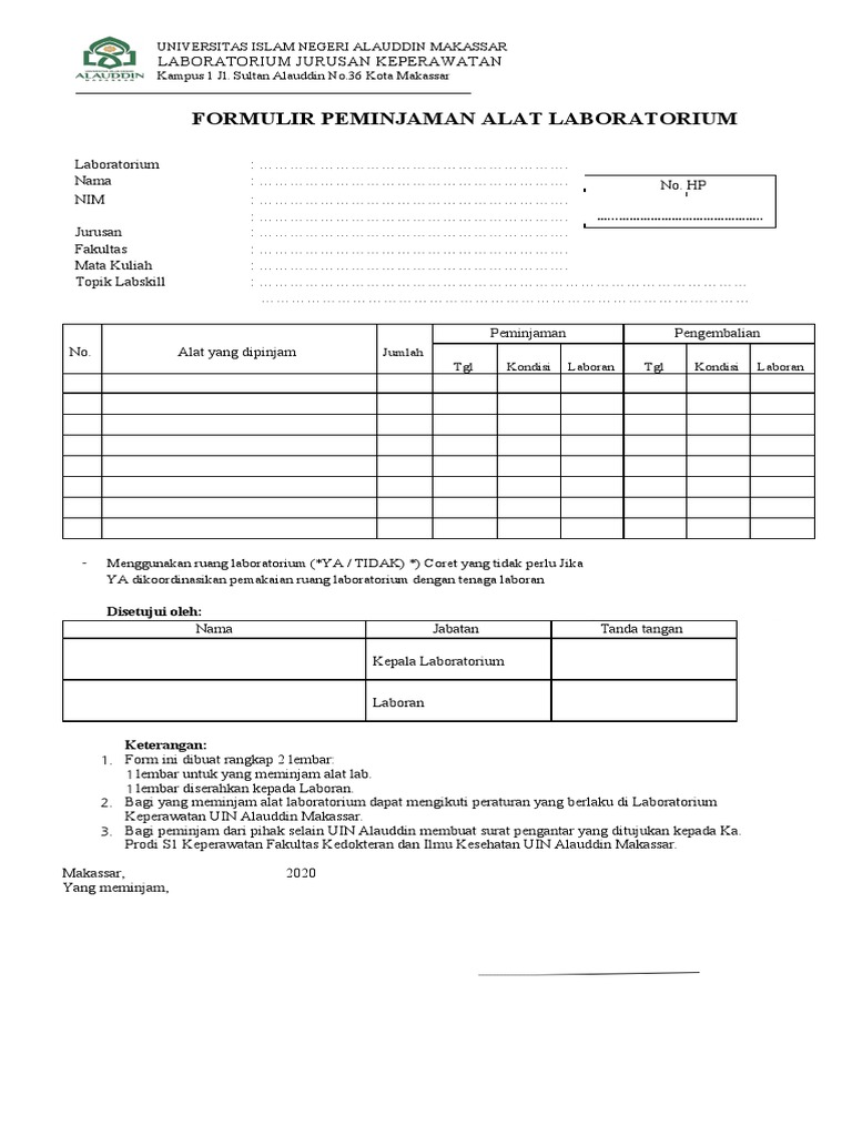 Form Peminjaman Dan Pengembalian Alat Uin | PDF