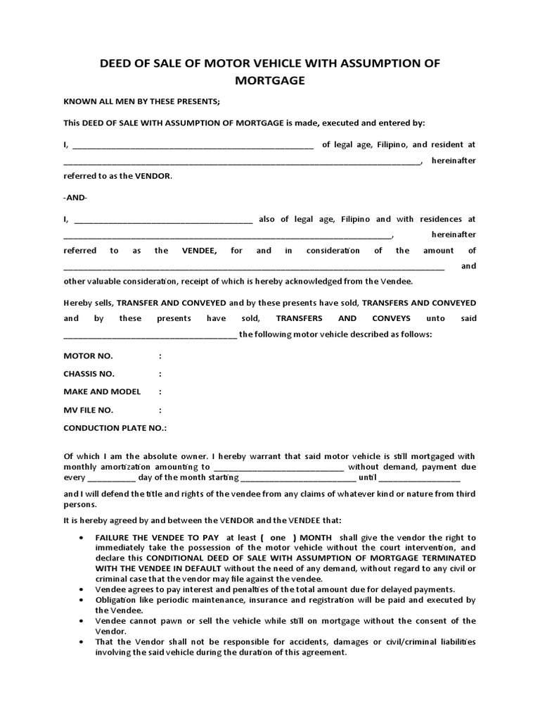 Deed of Sale of Motor Vehicle With Assumption of Mortgage | PDF