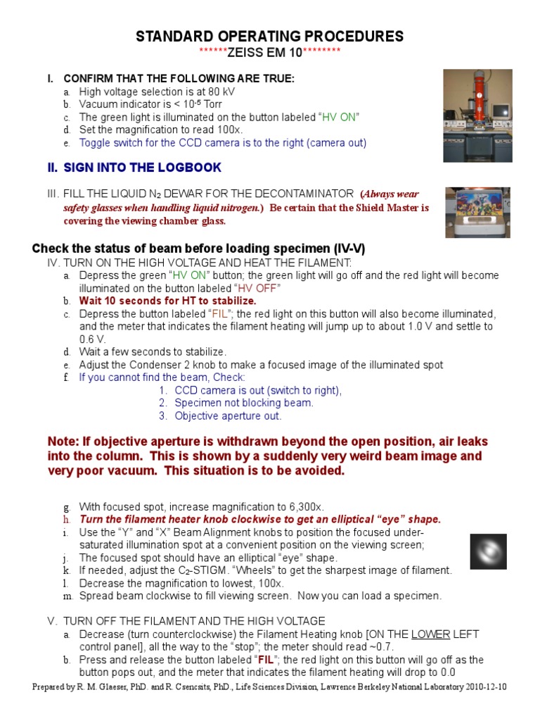 Zeiss EM 10 Microscope SOP Guide | PDF