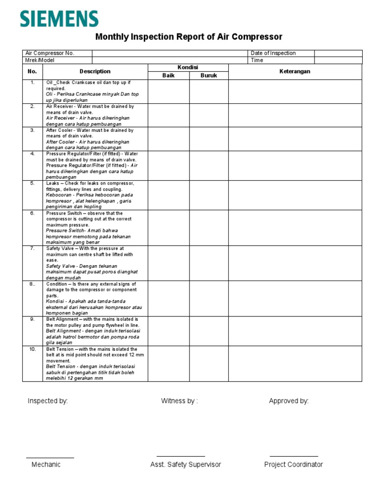 Monthly Inspection Report of Air Compressor | PDF