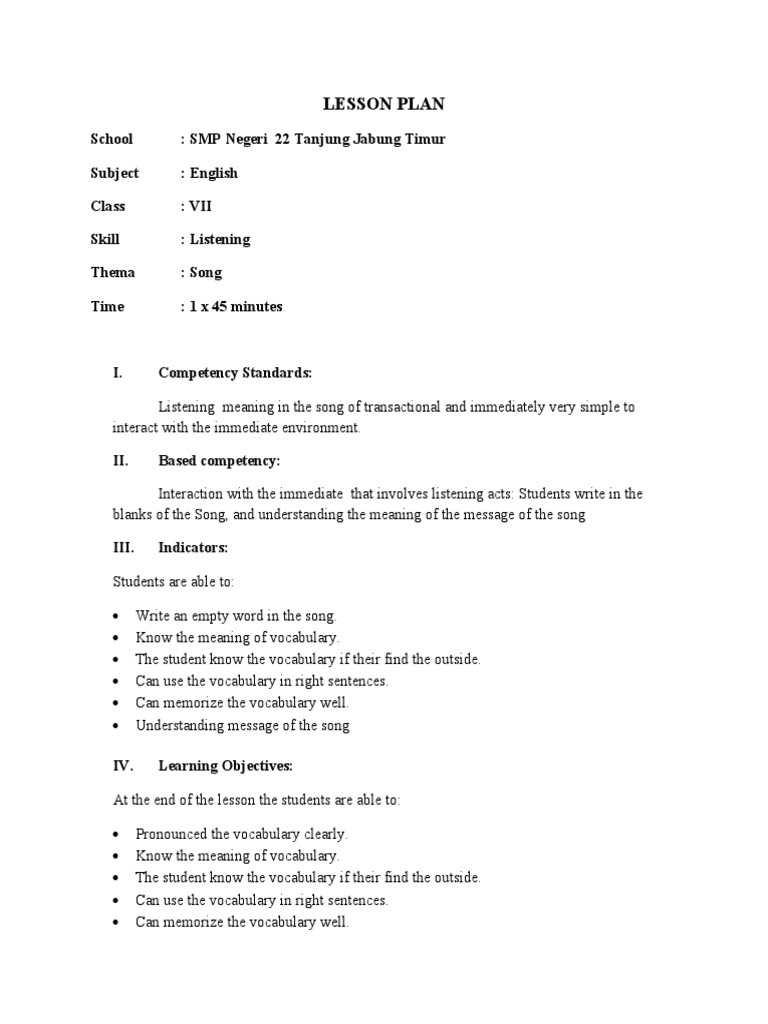 English Listening Lesson Plan for Songs | PDF