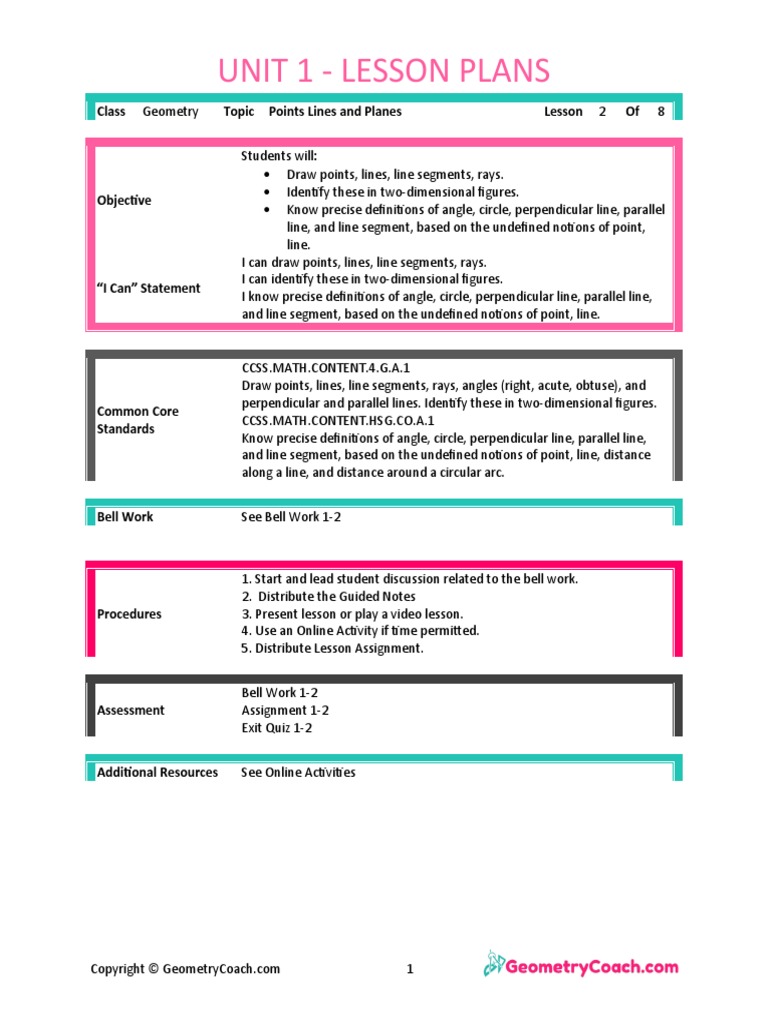 Unit 1 - Lesson Plans: Class Topic Points Lines and Planes Lesson of ...