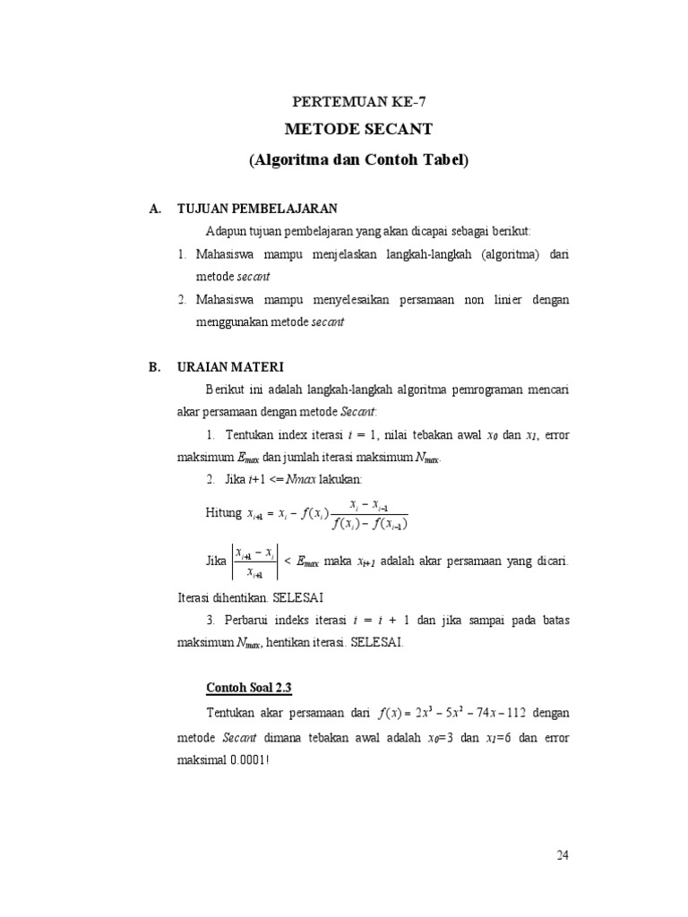 PERTEMUAN KE-07 METODE SECANT - Algoritma Dan Contoh Tabel PDF | PDF