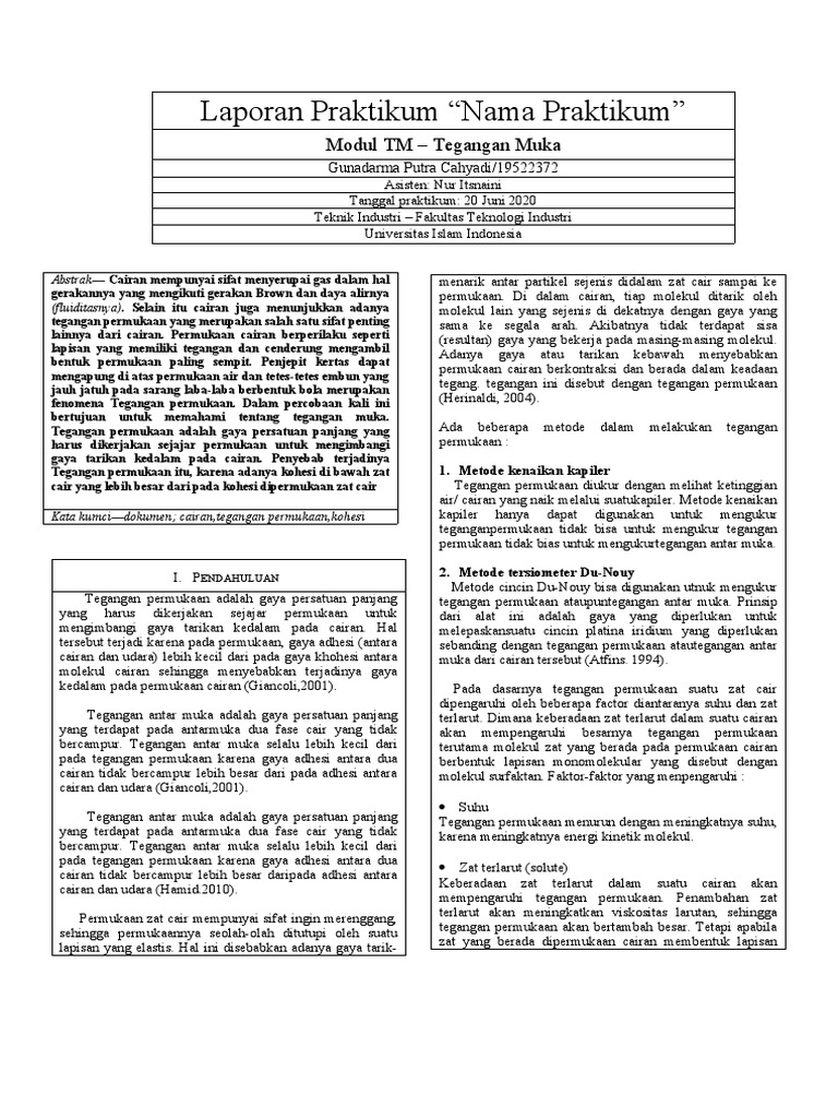 Laporan Praktikum "Nama Praktikum": Modul TM - Tegangan Muka | PDF