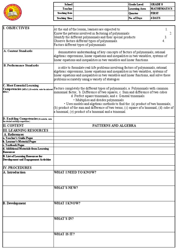 Melc Template Exemplar | PDF | Factorization | Polynomial