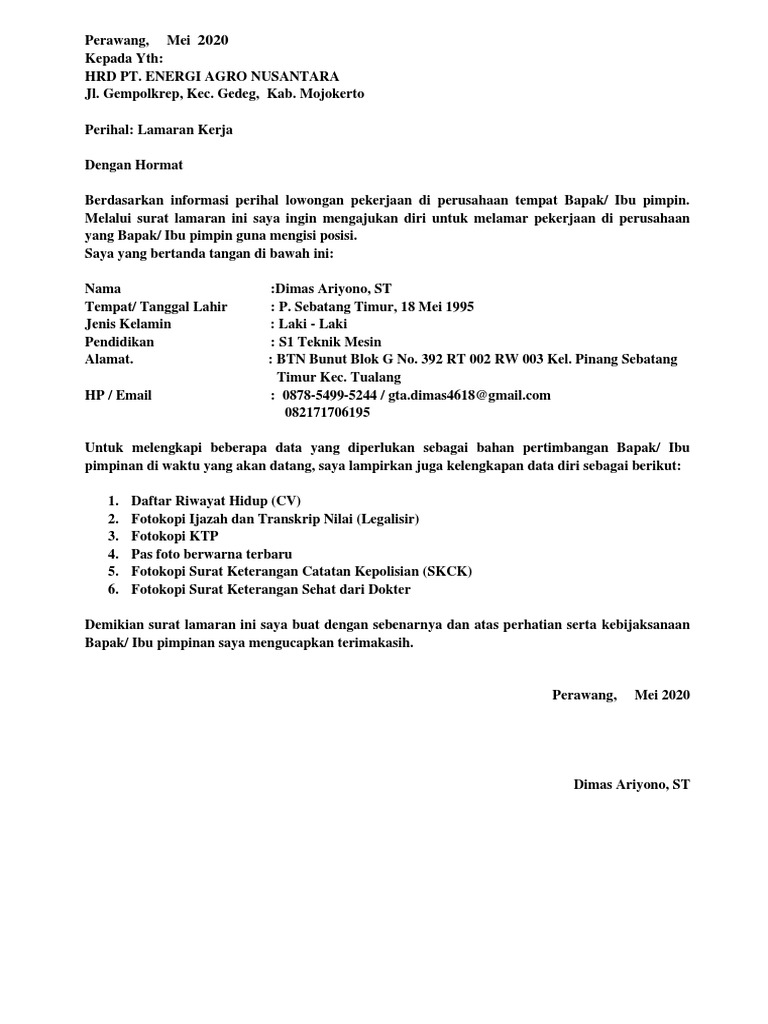 Lamaran PT. Agro PDF | PDF