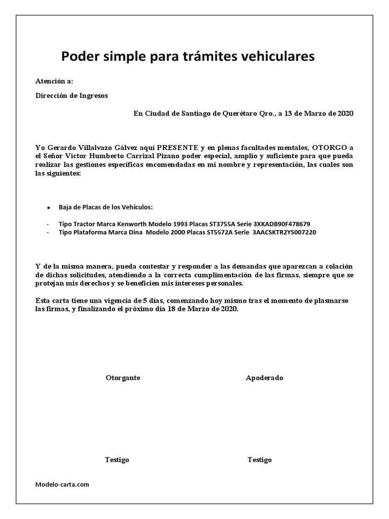 Poder Simple para Tramites Vehiculares | PDF