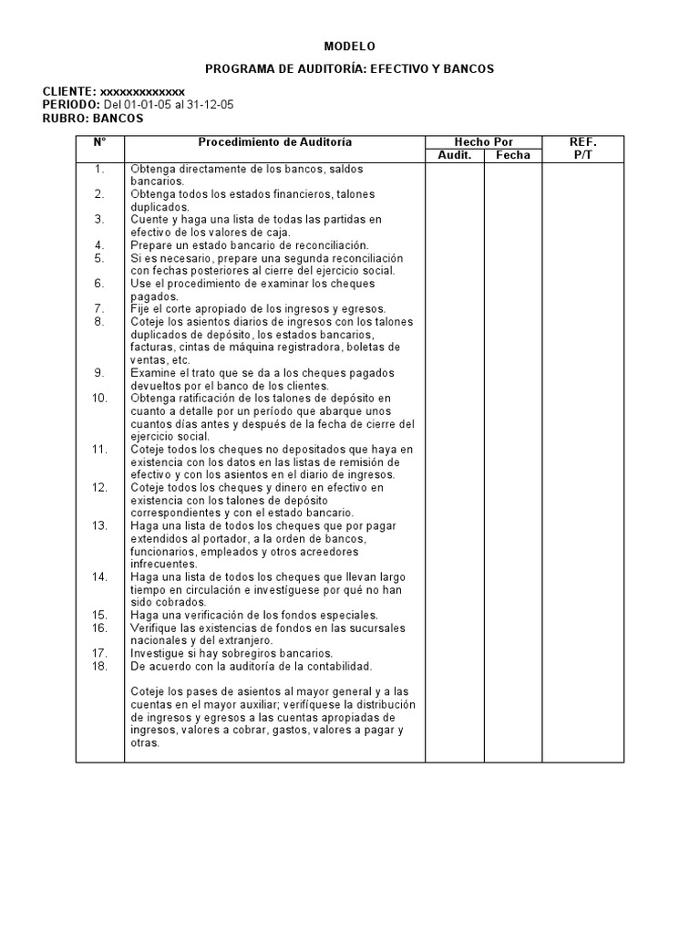 Modelo de Programa de Auditoría- Bancos | PDF