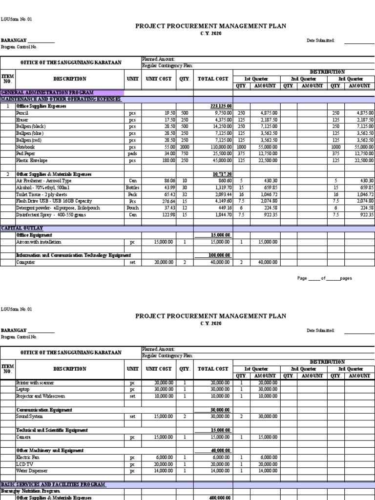SK Procurement Plan 2020 | PDF