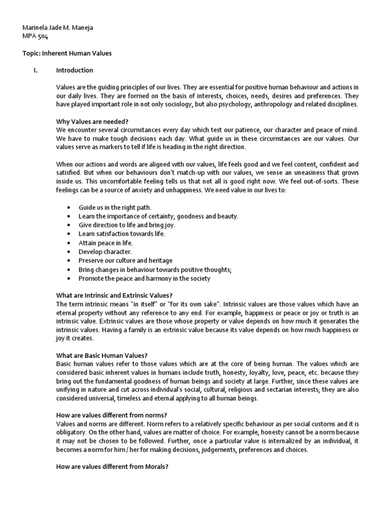 Mpa 504 - Inherent Human Values | PDF | Value (Ethics) | Good And Evil