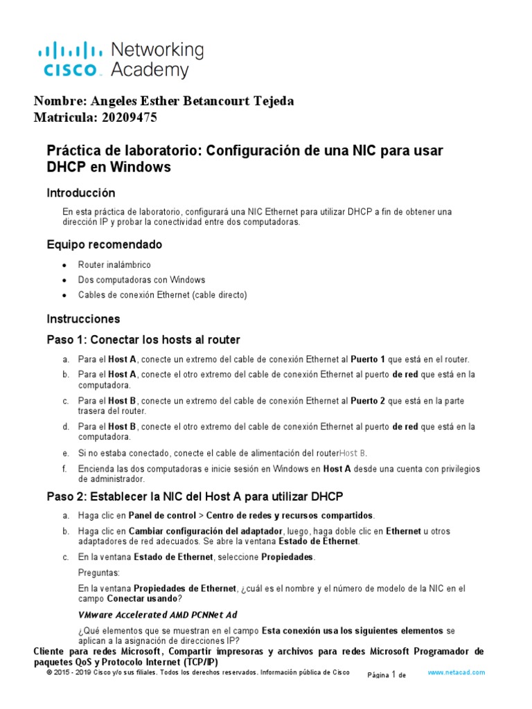 Configuración de una NIC para usar DHCP en Windows | PDF | Dirección IP | Protocolos de internet