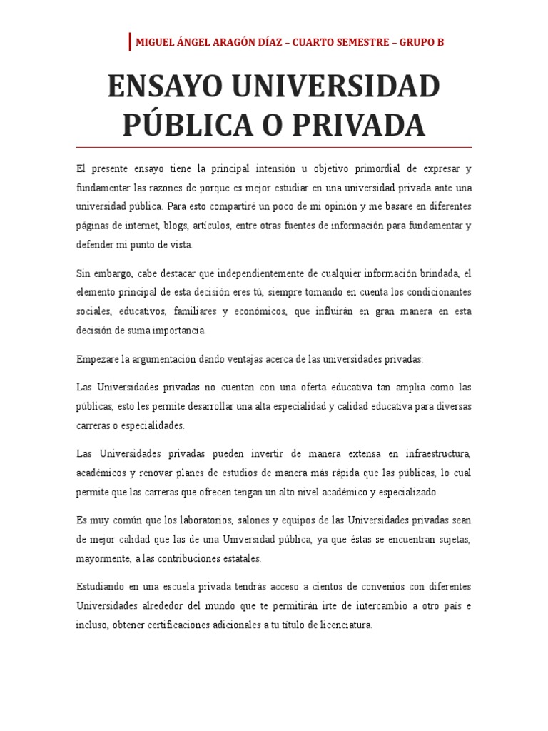 Ensayo Universidad Pública o Privada | PDF | Universidad pública | Ensayos