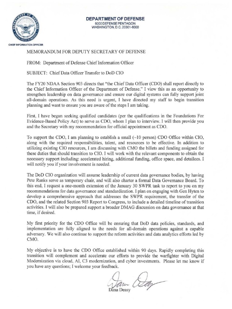 DOD CIO Dana Deasy Memo On New Chief Data Officer Role | PDF