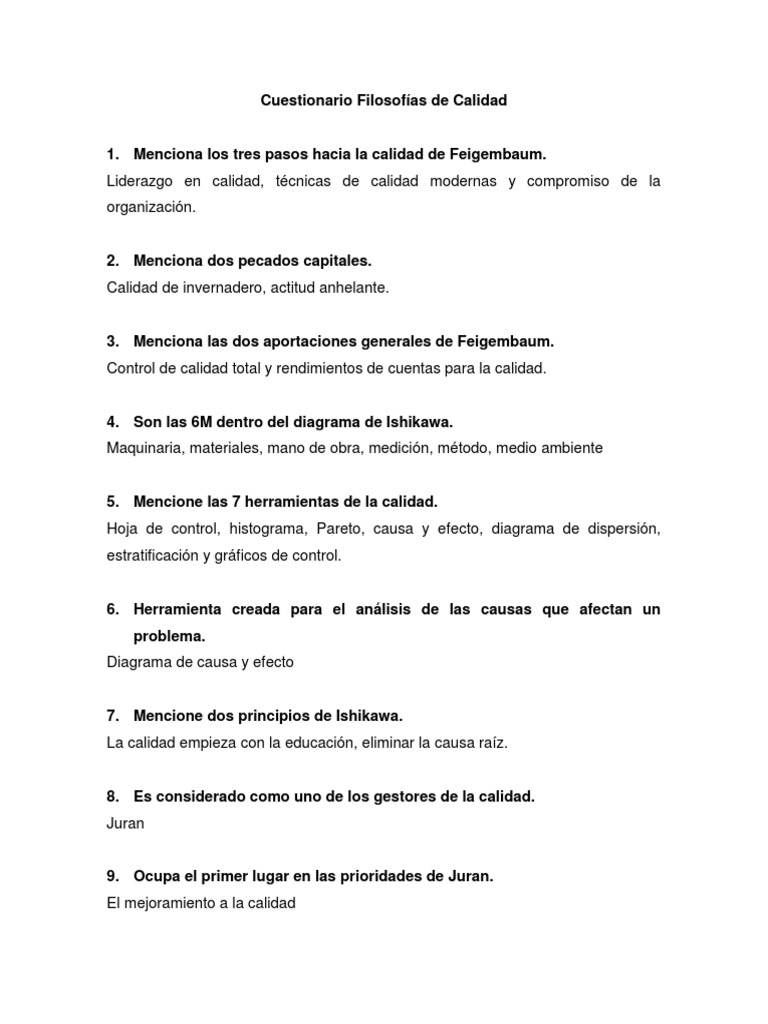 Cuestionario Filosofias de Calidad PDF | PDF | Calidad (comercial) | Business