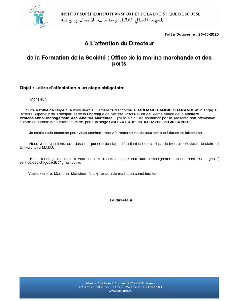 Lettre d'affectation de stage à Sousse | PDF
