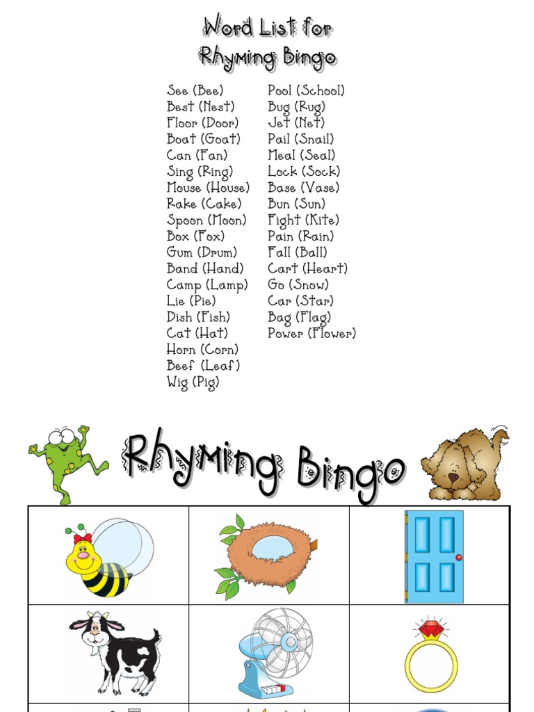 Rhyming Words Bingo List | PDF