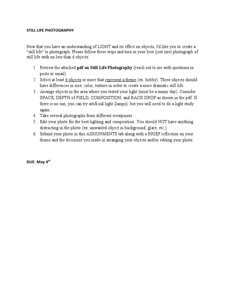 Still Life Photo Assignment | PDF | Self-Improvement