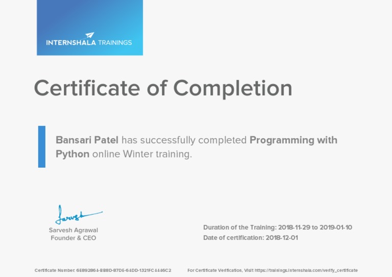 Programming With Python Training - Certificate of Completion PDF | PDF