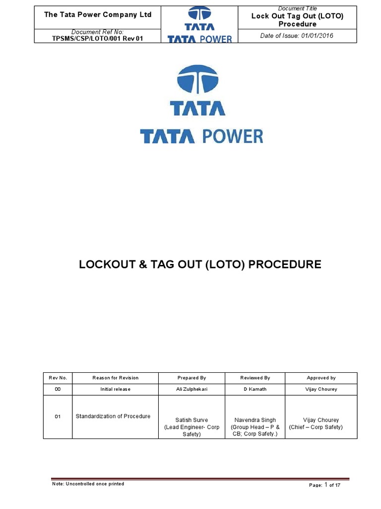 The Tata Power Company LTD Lock Out Tag Out (LOTO) Procedure | PDF