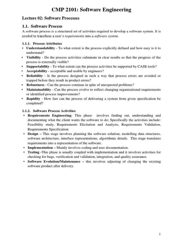 CMP 2101: Software Engineering: Lecture 02: Software Processes 1.1 ...