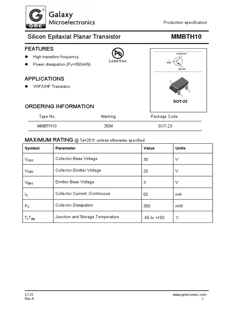 Mmbth10 (SMD 3em Sot-23) Transistor NPN Vhf-Uhf | PDF | Bipolar ...