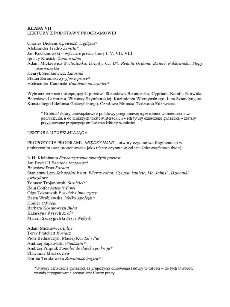 Wykaz Lektur Dla Klas 7 8 PDF | PDF
