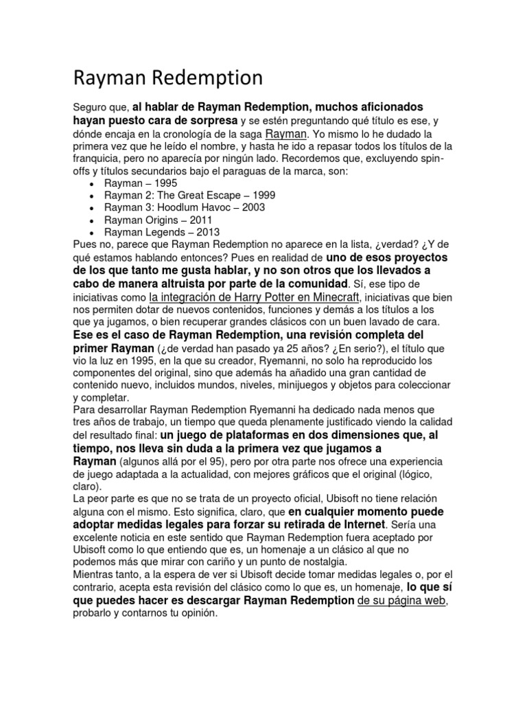 Rayman Redemption: Homenaje al Clásico | PDF