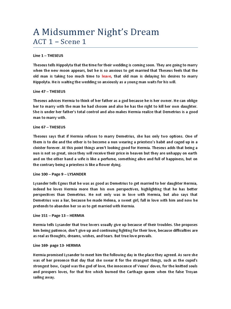 A Midsummer Night's Dream: ACT 1 - Scene 1 | PDF