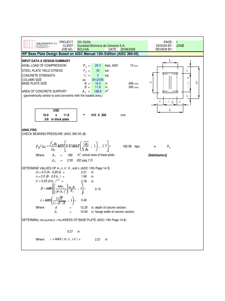 WF Base Plate Design Based On AISC Manual 13th Edition (AISC 360-05) | PDF