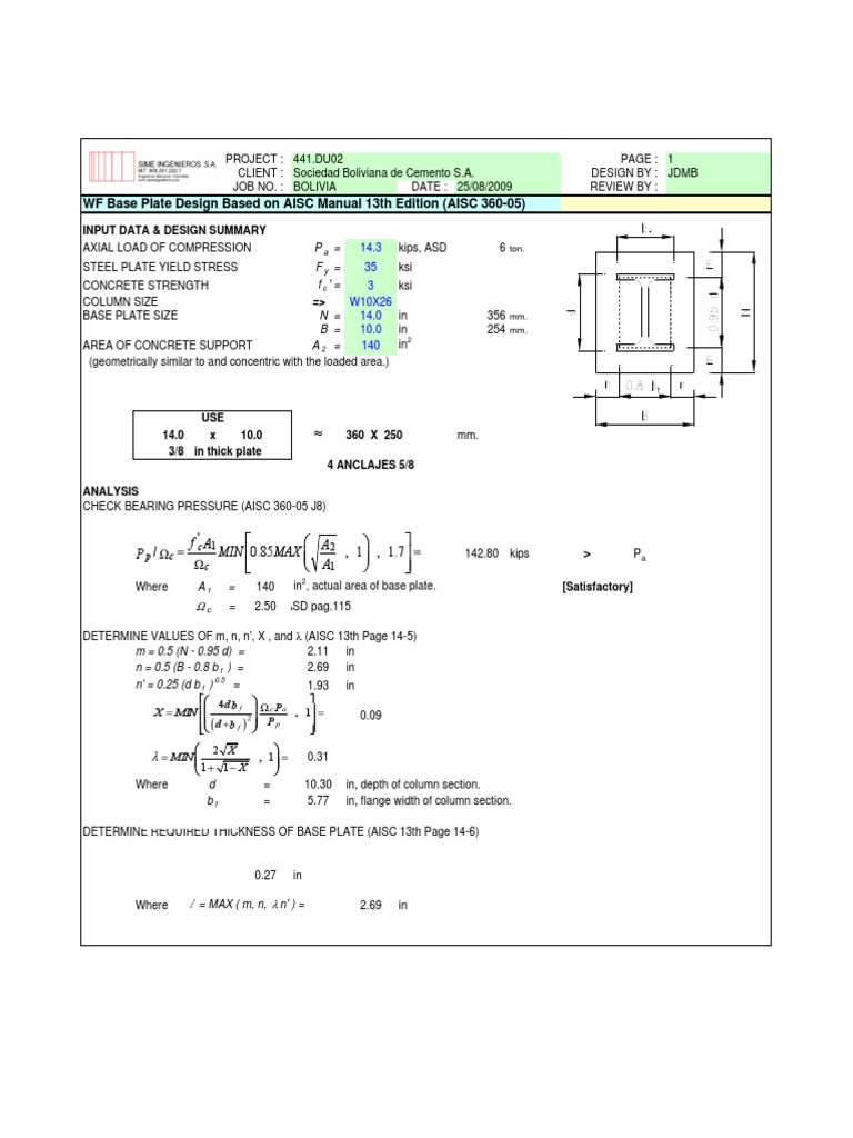 WF Base Plate Design Based On AISC Manual 13th Edition (AISC 360-05) | PDF