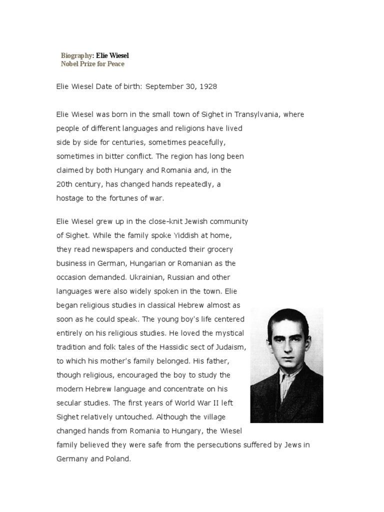 Biography Nobel Prize For Peace:: Elie Wiesel | PDF