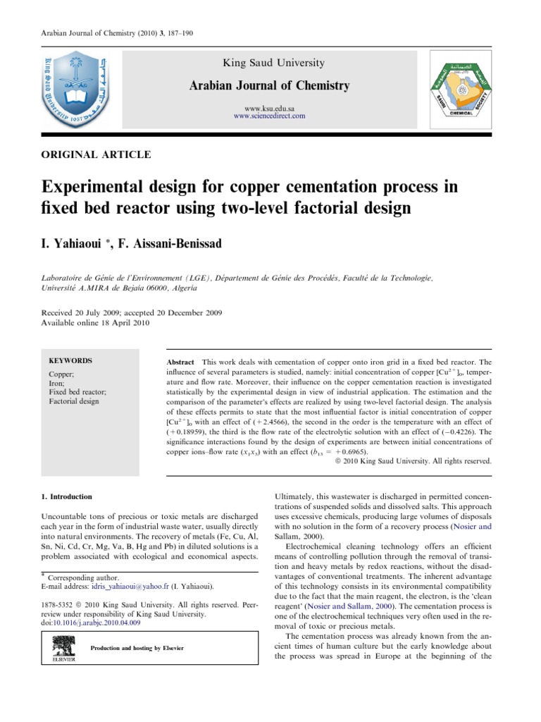 Experimental Design For Copper Cementation Process in Fixed Bed Reactor ...