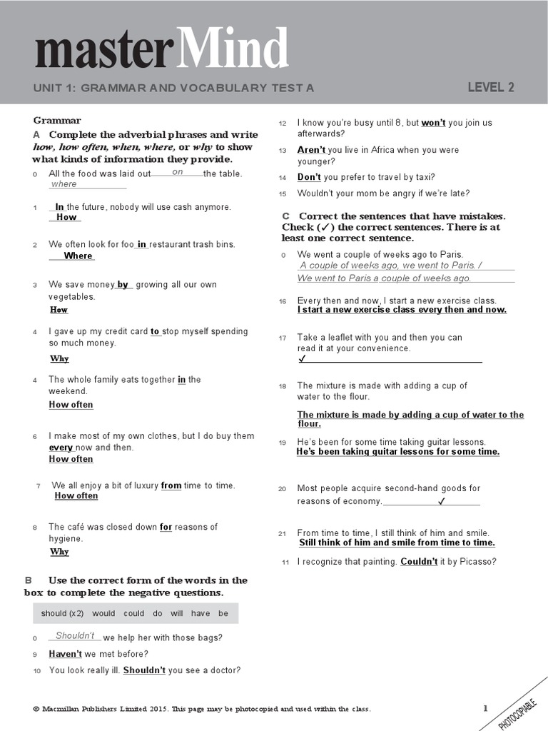 Mastermind 2 Unit 1 Grammar and Vocabulary Test A | PDF | Sustainability