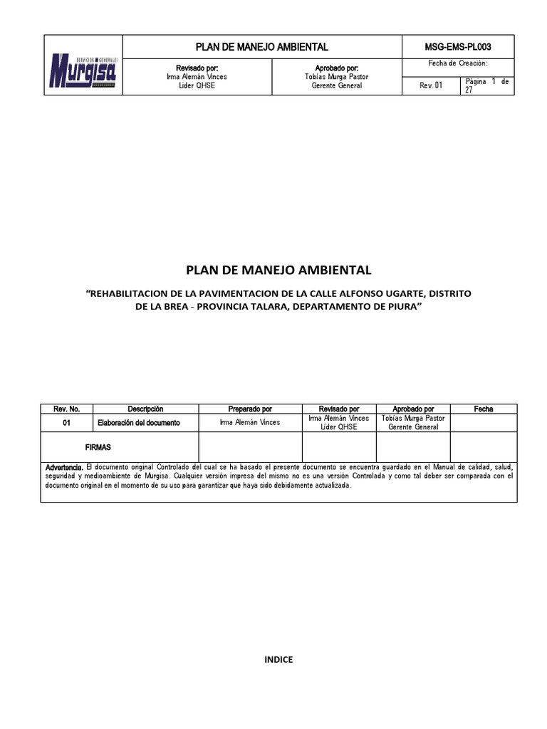 PLAN DE MANEJO AMBIENTAL Murgisa | PDF | Residuos | Contaminación