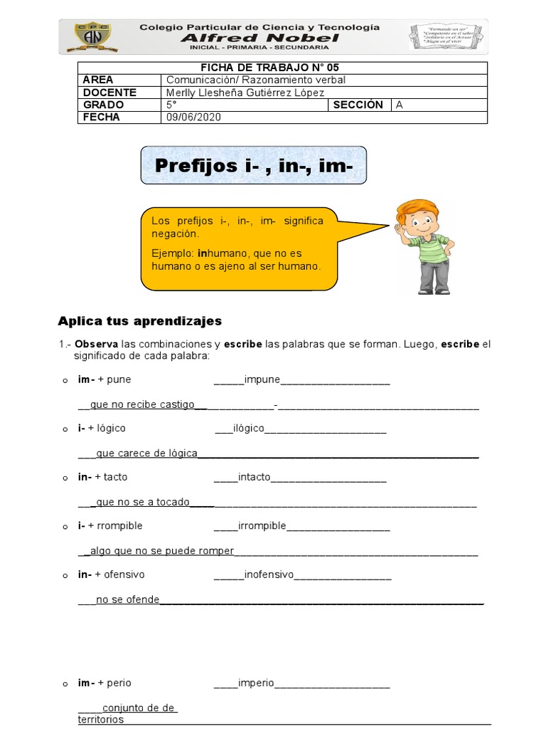 Ficha de trabajo sobre prefijos negativos i-, in- e im- | PDF | Ciencia ...