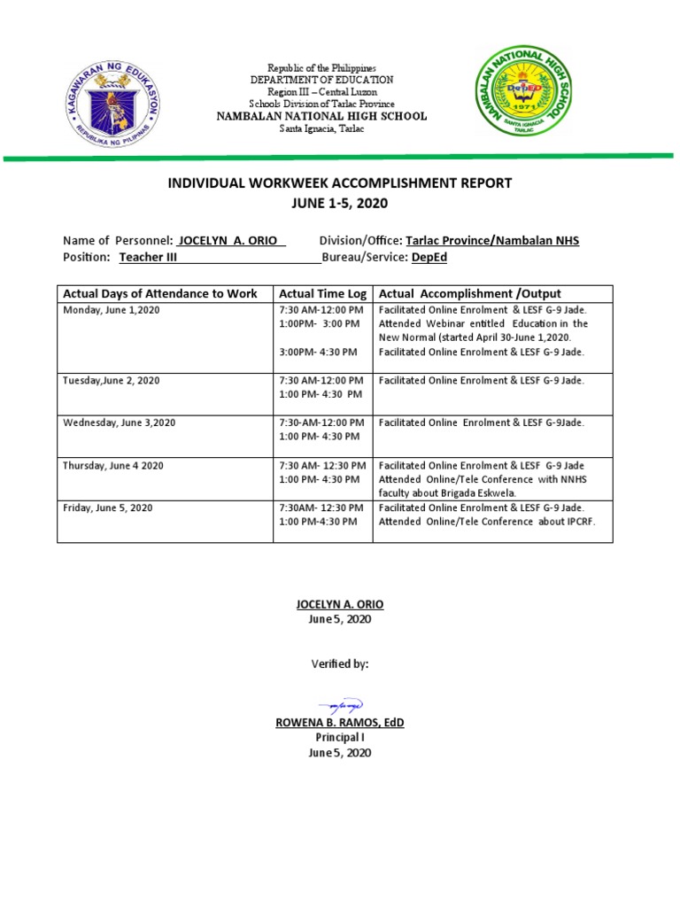 Individual Workweek Accomplishment Report JUNE 1-5, 2020 | PDF | Business
