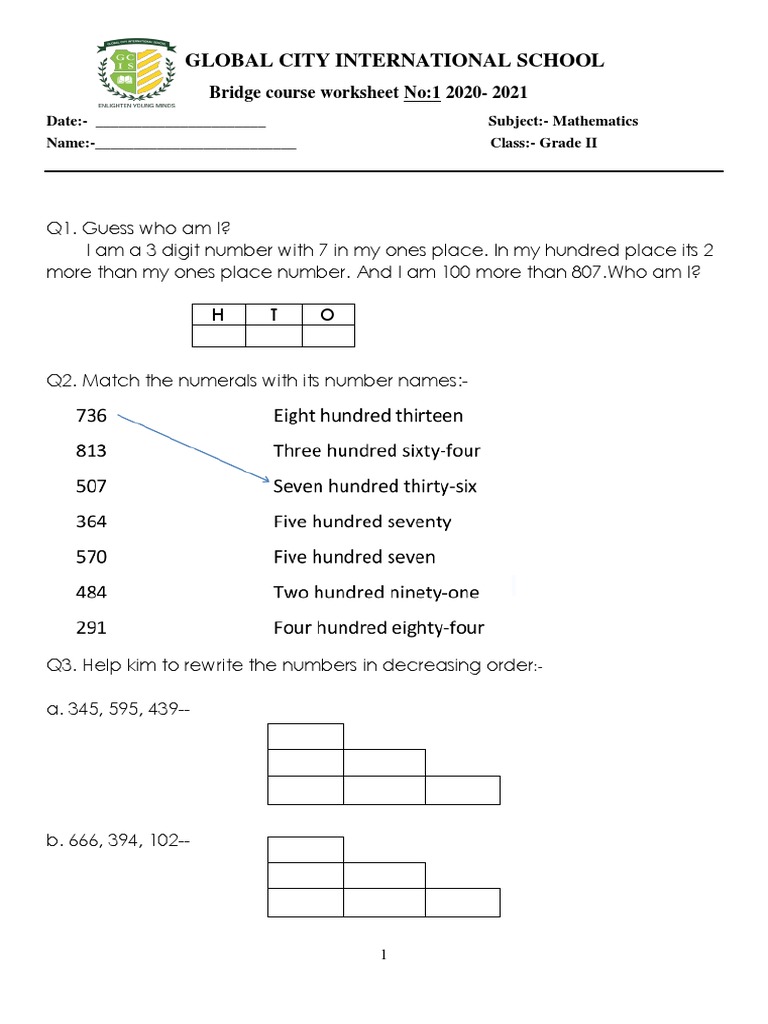 Grade 2 Maths Bridge Course Worksheet | PDF | Teaching Mathematics