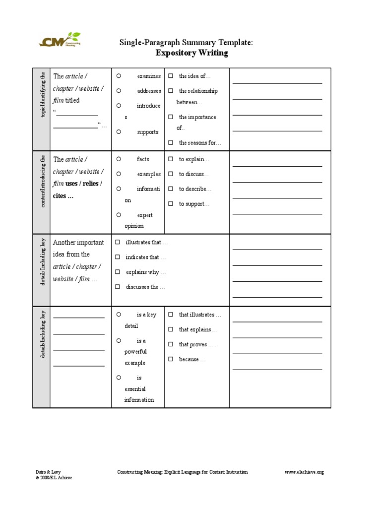 Single-Paragraph Summary Template:: Expository Writing | PDF ...