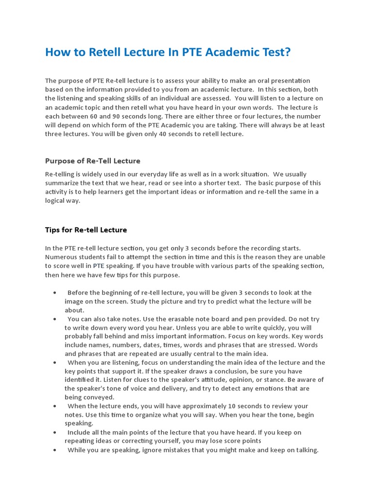 How To Retell Lecture in PTE Academic Test | PDF | Lecture | Human ...