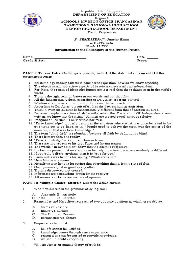 1 Semester-1 Quarter Exam S.Y.2019-2020 Grade 11 TVL: ST ST | PDF | Id ...