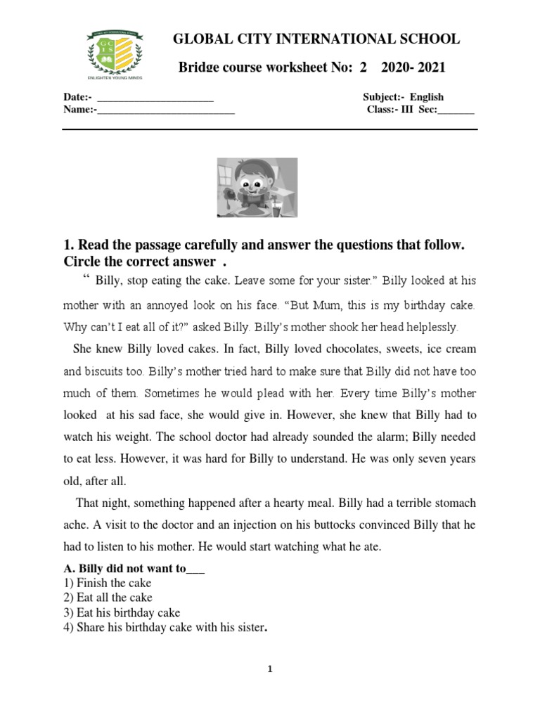 English Bridge Course Worksheet Class 3 | PDF | Foods
